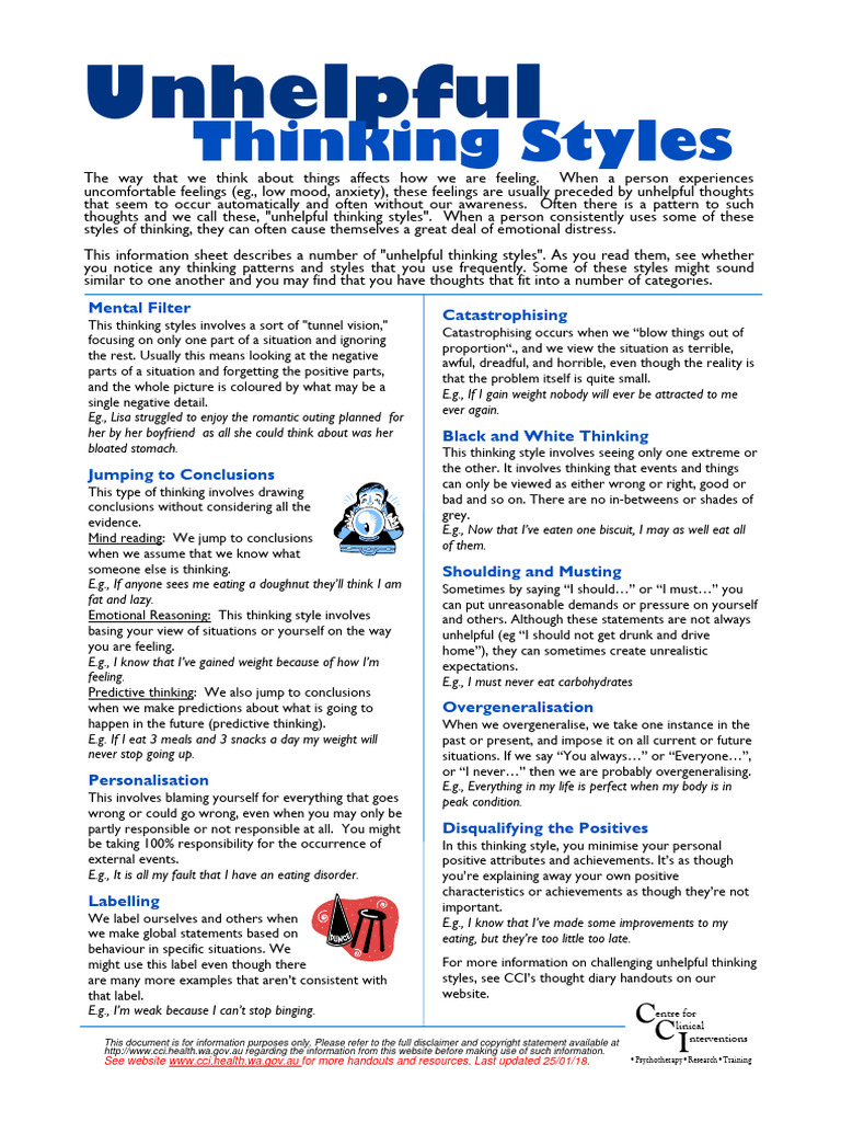 Eating Disorders Information Sheet - 28 - Unhelpful Thinking Styles ...