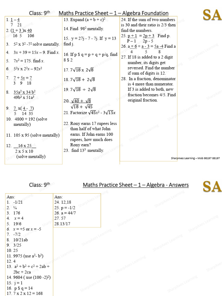 Practice Sheet - 1 - 8 9algebra | PDF | Mathematical Notation | Mathematical Concepts