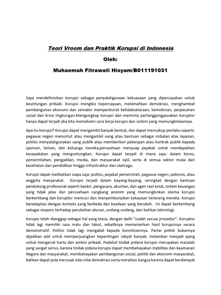 Korupsi di Indonesia: Teori Vroom dan Dampaknya | PDF