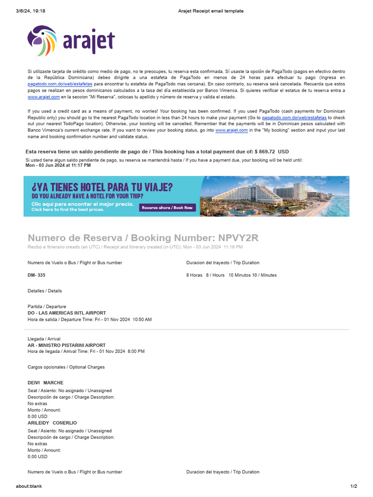 Arajet Receipt Email Template | PDF