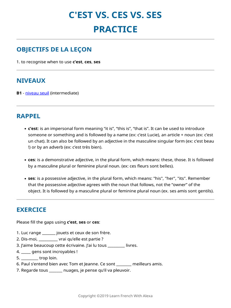 Practise-Your-French-Cest-Vs-Ces-Vs-Ses-Worksheet 2024-06-09-157490 | PDF