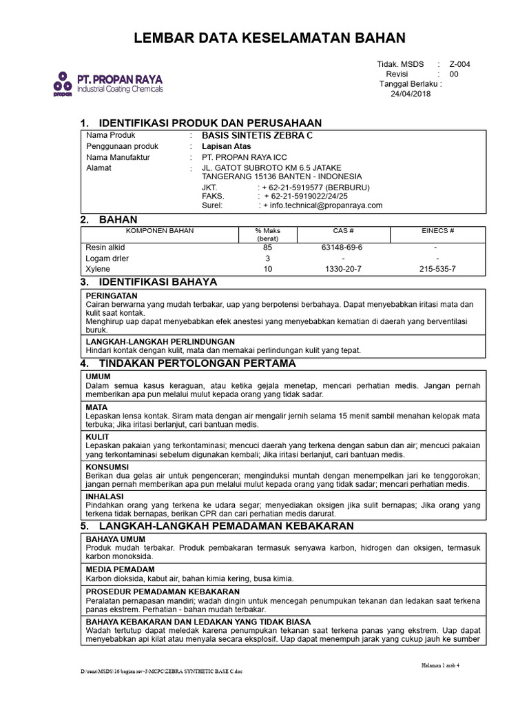 MSDS Cat Propan Bahasa Indonesia | PDF