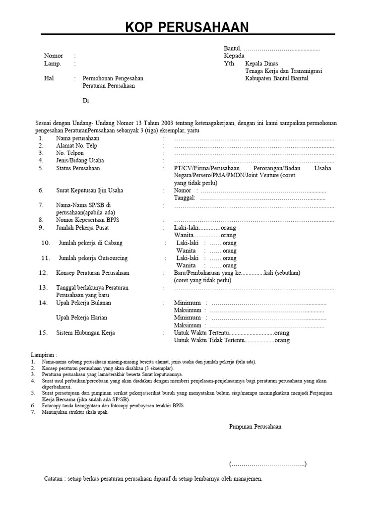 Formulir Surat Permohonan Pengesahan Peraturan Perusahaan Baru