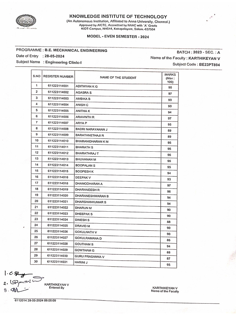 MECH A & B EC I ATT & MARKS | PDF