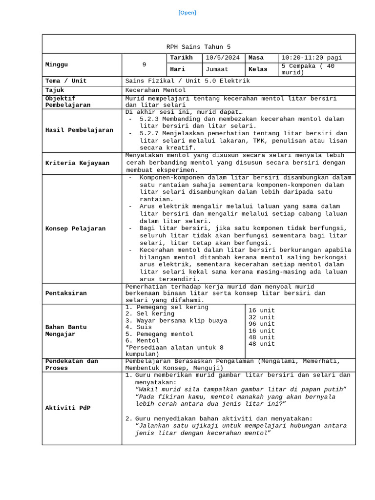 RPH Kecerahan Mentol Tahun 5 | PDF | Metode & Bahan Ajar | Teknologi & Rekayasa