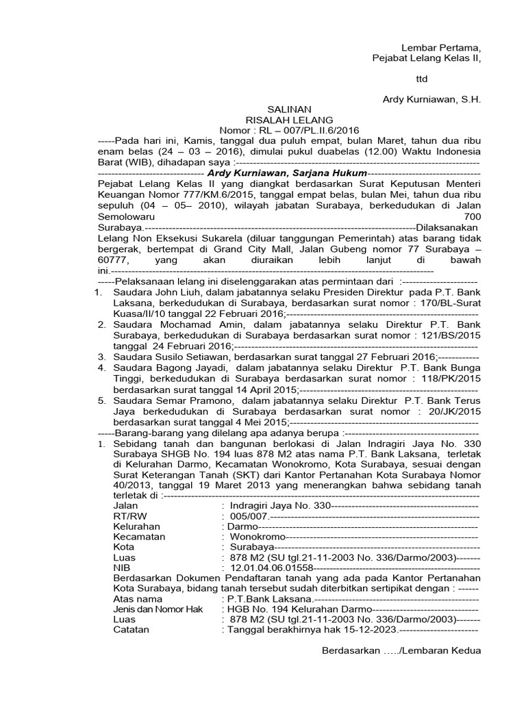 Contoh Akta Risalah Lelang TANPA PAKAI BALAI LELANG - BARANG TIDAK ...