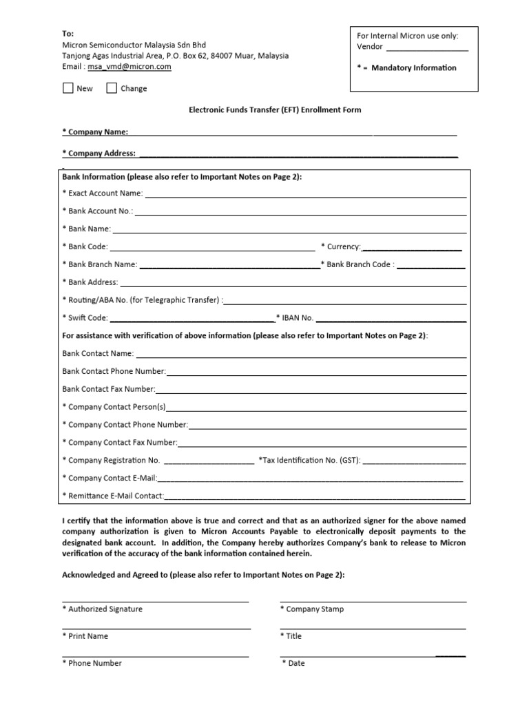EFT Enrollment Form for Micron Payments | PDF | Banks | Service Industries