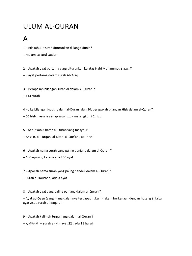 Kuiz Minggu Penghayatan Quran | PDF | Seni | Agama & Spiritualitas