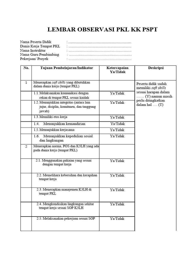 Form Lembar Observasi PKL KK PSPT | PDF