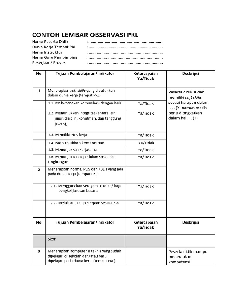 Contoh Lembar Observasi PKL Busana | PDF | Karier & Perkembangan