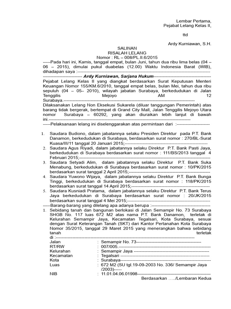 Contoh Akta Risalah Lelang TANPA PAKAI BALAI LELANG - BARANG TIDAK ...