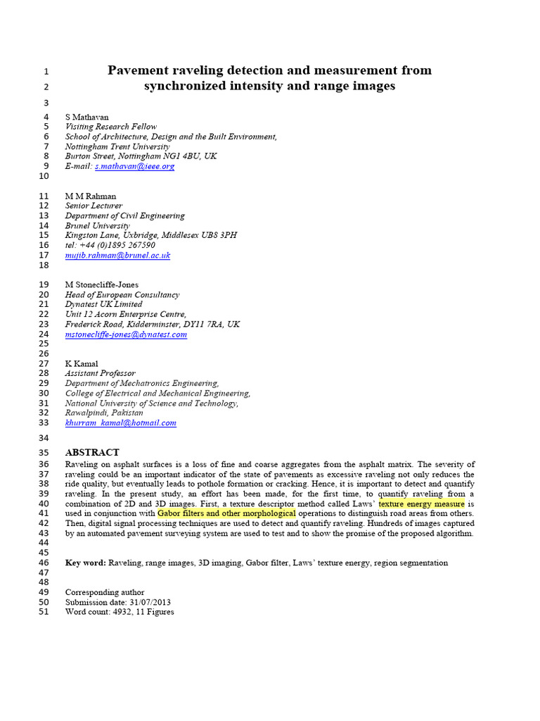 Pavement Raveling Detection and Measurement From Synchronized Intensity and Range Images2013 ...