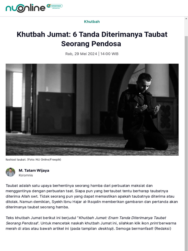 Khutbah Jumat - 6 Tanda Diterimanya Taubat Seorang Pendosa | PDF