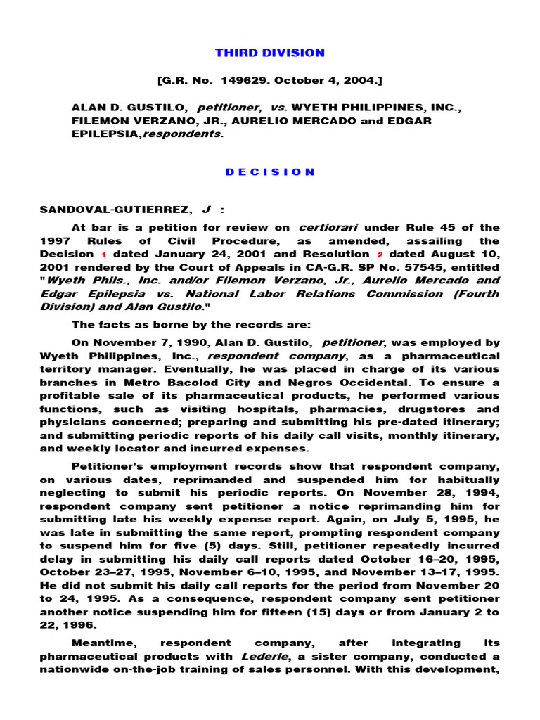 Wyeth Philippines vs. Alan Gustilo Case Summary | PDF | Employment | Appeal