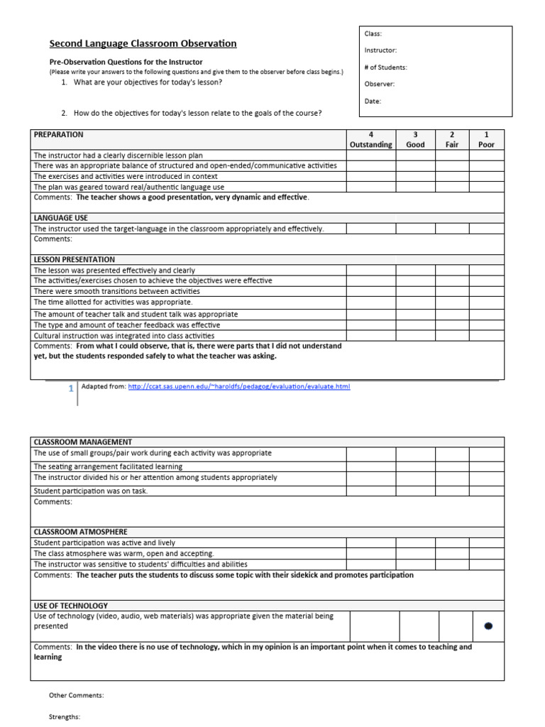 1794882040-Classroom Observation Checklist | PDF | Teachers | Classroom