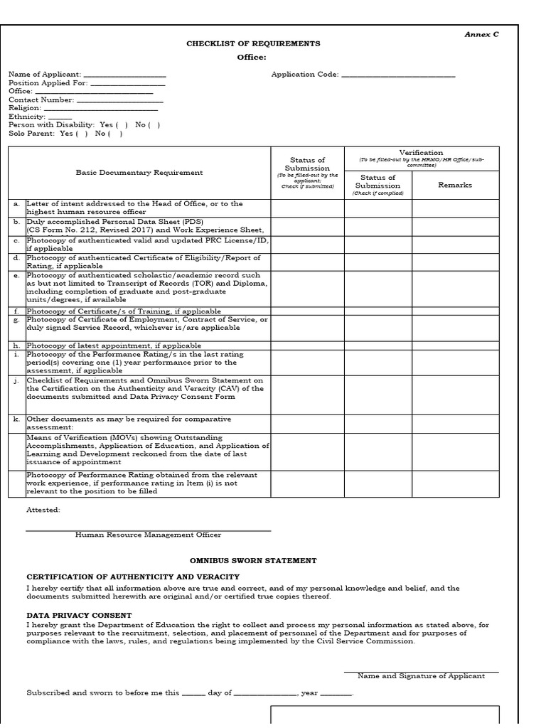 Job Application Requirements Checklist | PDF | Authentication