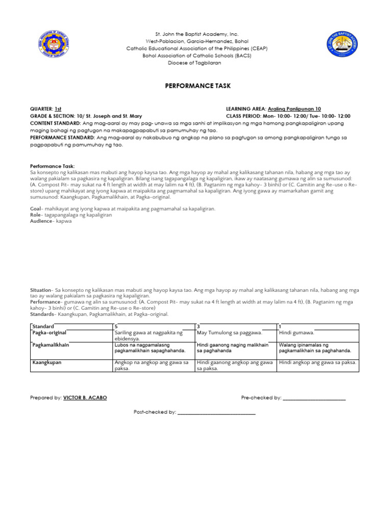 1st QTR Performance Task AP 10 1 | PDF