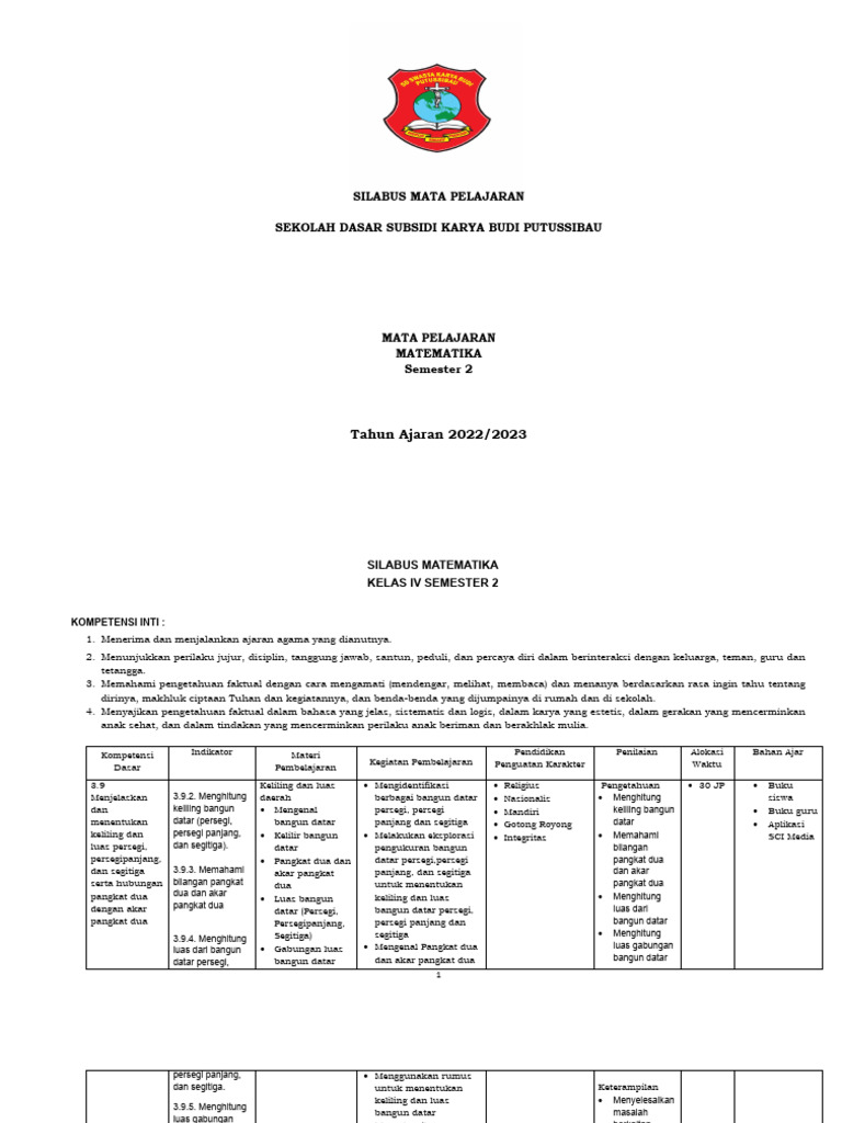 Silabus Matematika Kelas IV SD 2022/2023 | PDF