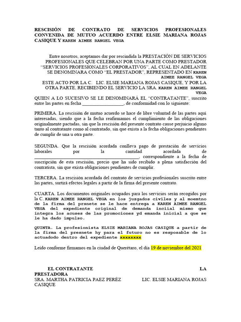 Rescisión de Contrato de Servicios Profesionales Convenida de Mutuo ...