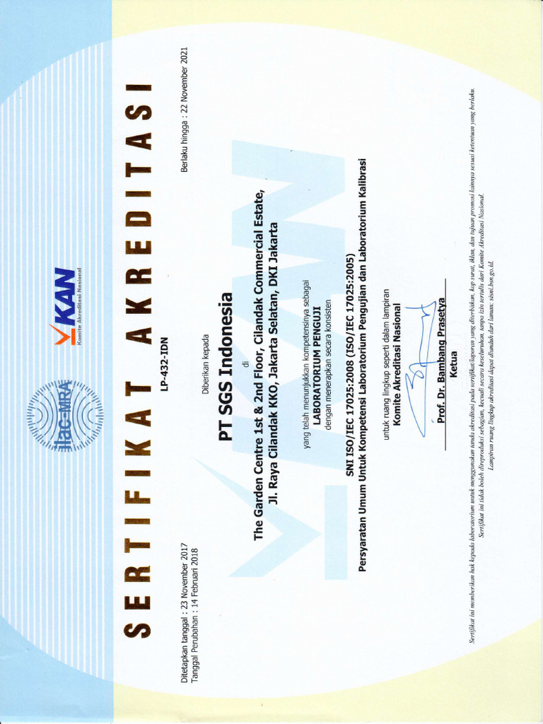 Certificate Accreditation KAN ISO 17025 - Lab SGS Indonesia - New Lab ...