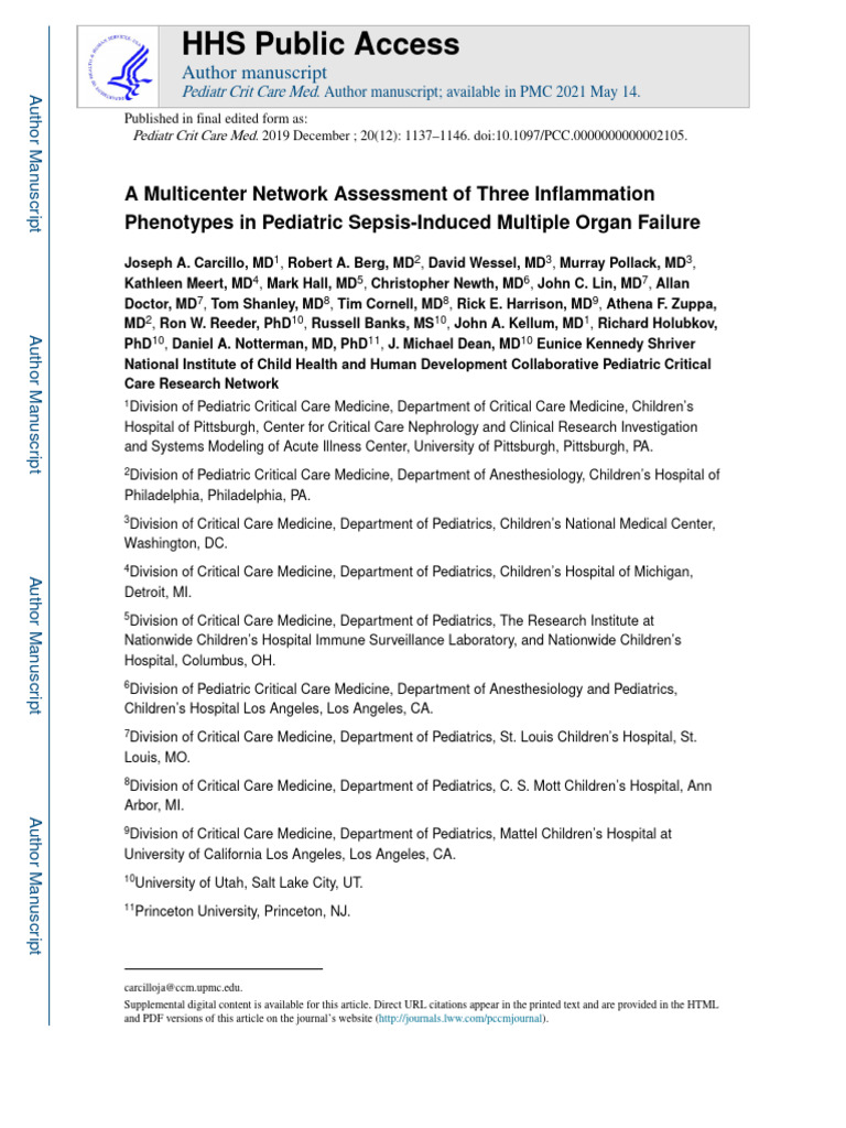 2019 PCCM. Three Inflammation Phenotypes in Pediatric Sepsis-Induced ...