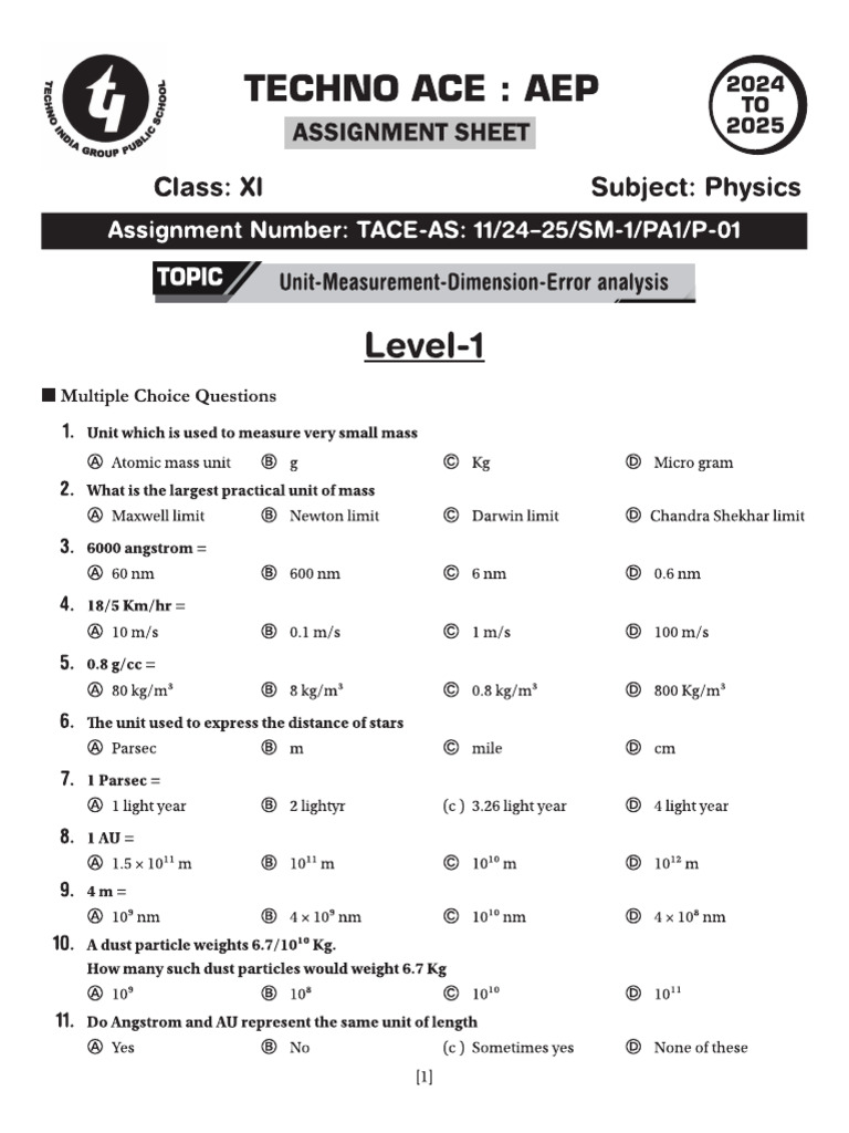 Chapt 01 Units Measur (Ass - L 1) XI (Phy) | PDF
