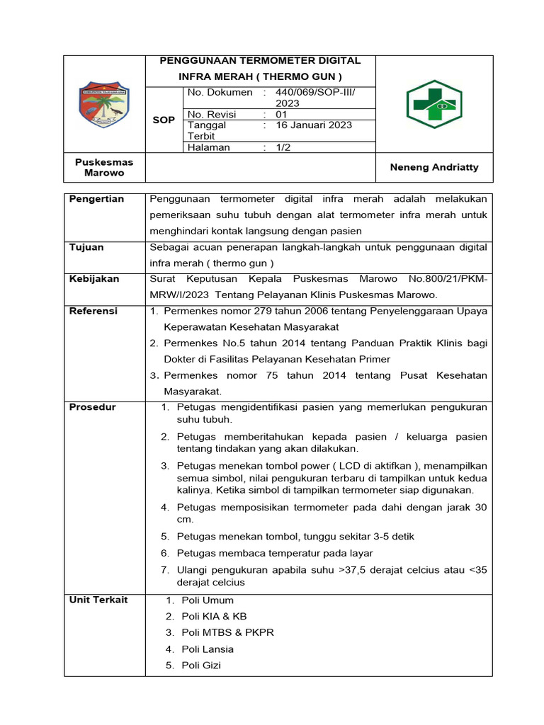 Sop Mengukur Suhu Tubuh Thermo Gun | PDF | Pengembangan Diri | Teknologi & Rekayasa