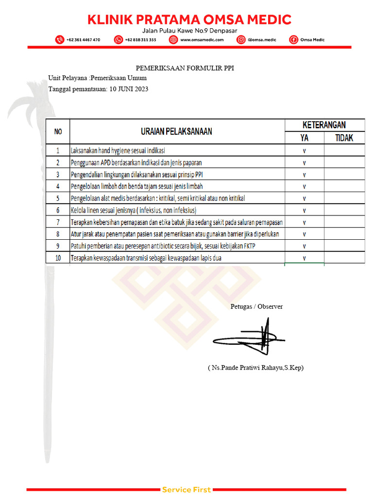 Formulir Penerapan Ppi Klinik Pratama Omsa Medic | PDF