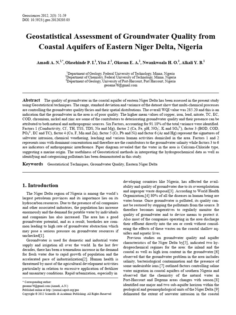 Amadi Et Al Geostatistics 2012 | PDF | Groundwater | Aquifer