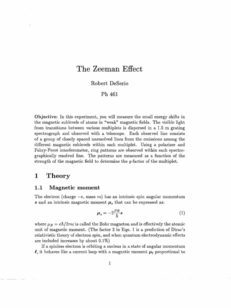 The Zeeman Effect: 1 Theory | PDF | Spin (Physics) | Electron Configuration