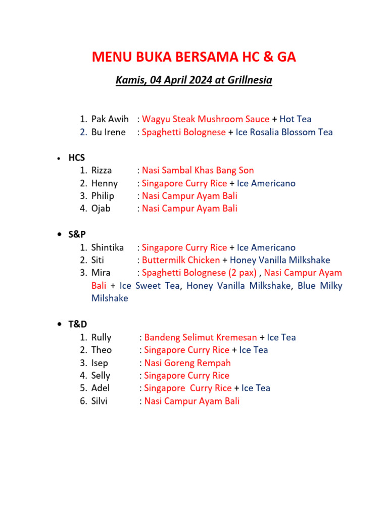 Daftar pilihan MENU BUKA BERSAMA HC & GA | PDF | Cuisine | Asian Cuisine