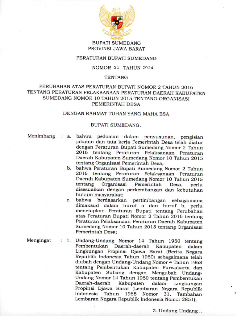 Perbup Nomor 21 Tahun 2024 Tentang OPD | PDF