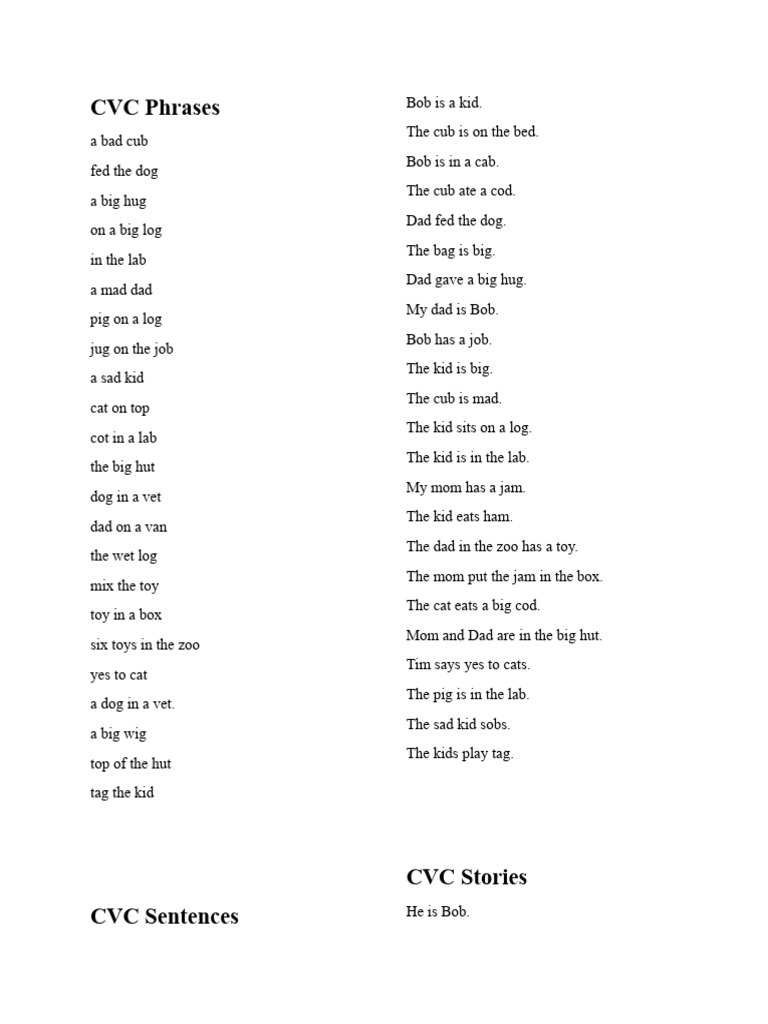 CVC Phrases, Sentences, and Stories | PDF | Cooking, Food & Wine | Wellness