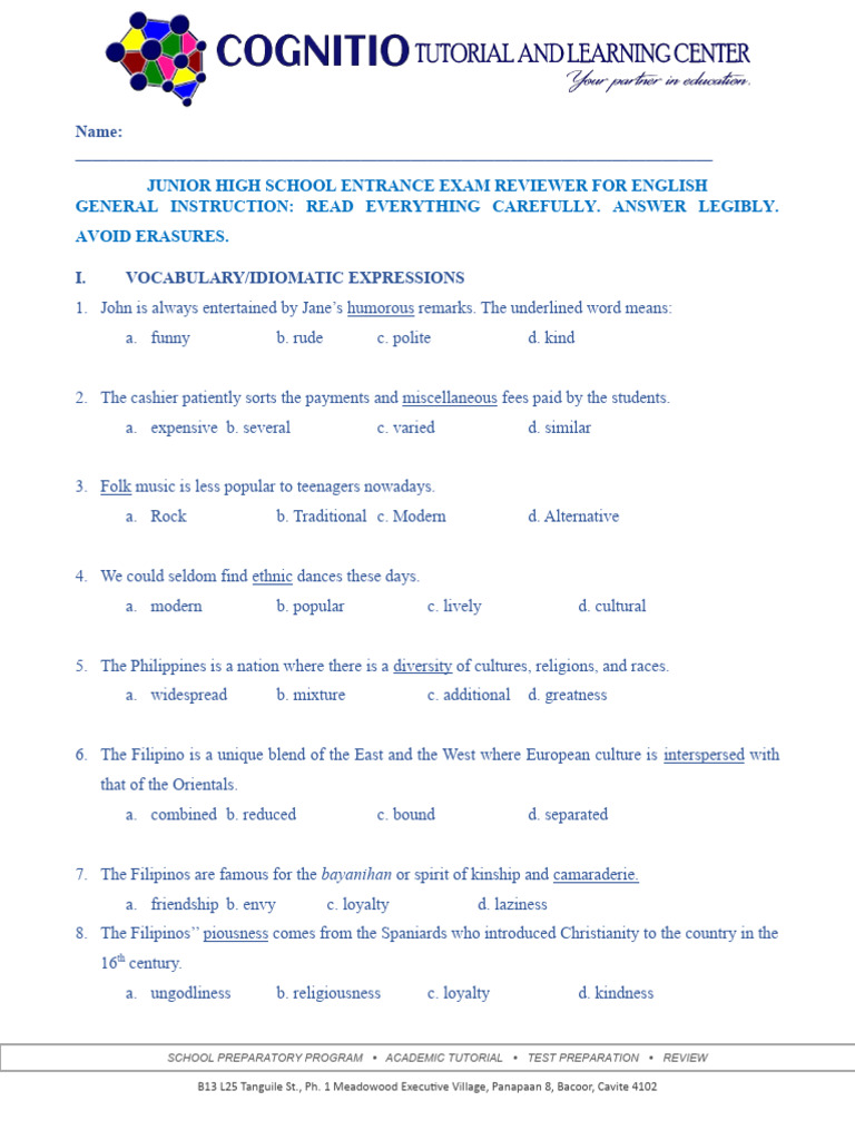 (Entrance Exam) Jhs English Reviewer | PDF