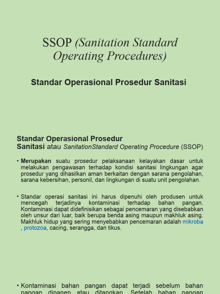 SSOP (Sanitation Standard Operating Procedures) | PDF