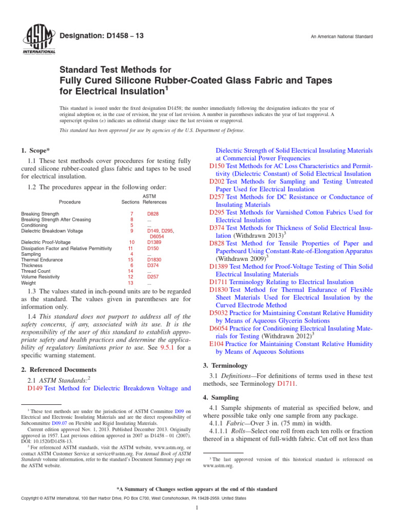ASTM D1458__13 | PDF | Insulator (Electricity) | Yarn