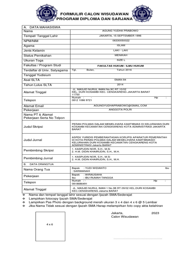 Formulir Calon Wisudawan Agung Yudha Prabowo | PDF