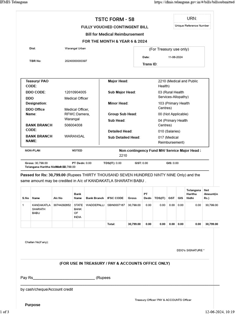 TSTC Form - 58: Passed For RS: 30,799.00 (Rupees THIRTY THOUSAND SEVEN HUNDRED NINTY NINE Only ...