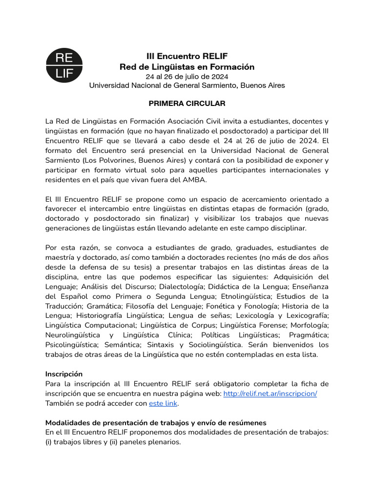 III Encuentro RELIF Primera Circular | PDF | Lingüística | Comunicación ...