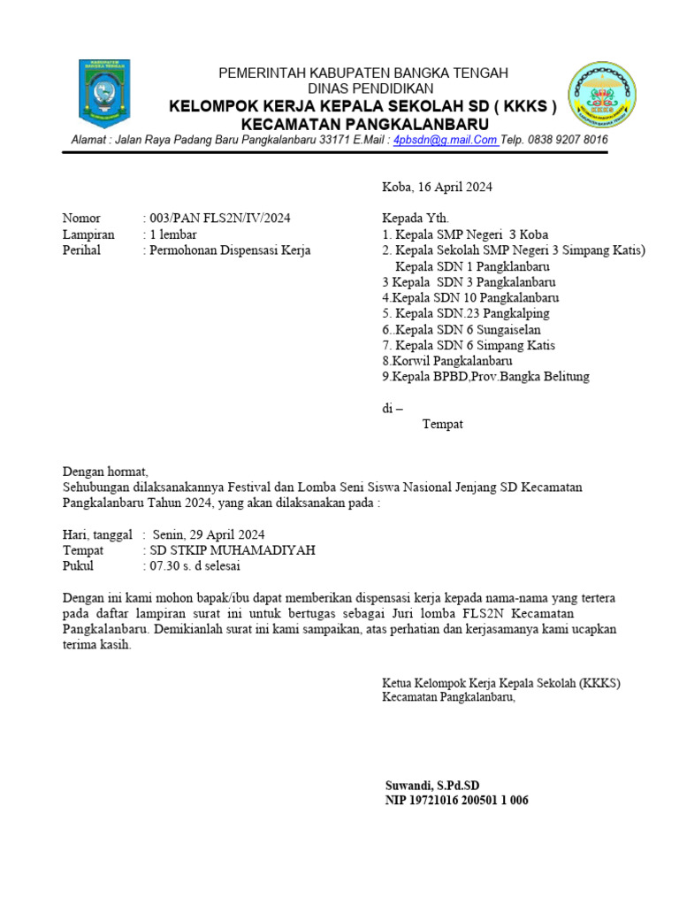 Surat Ijin Dispensasi Juri FLS2N 2024 Kec - Koba | PDF