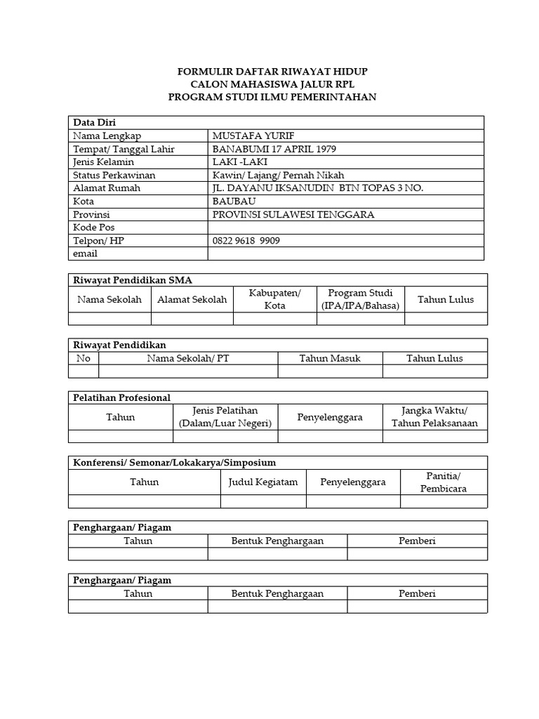 Formulir Daftar Riwayat Hidup | PDF