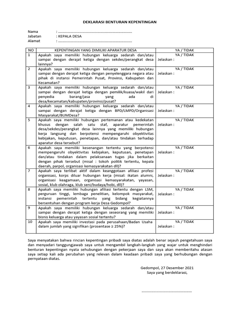 Form Lampiran Deklarasi COL | PDF