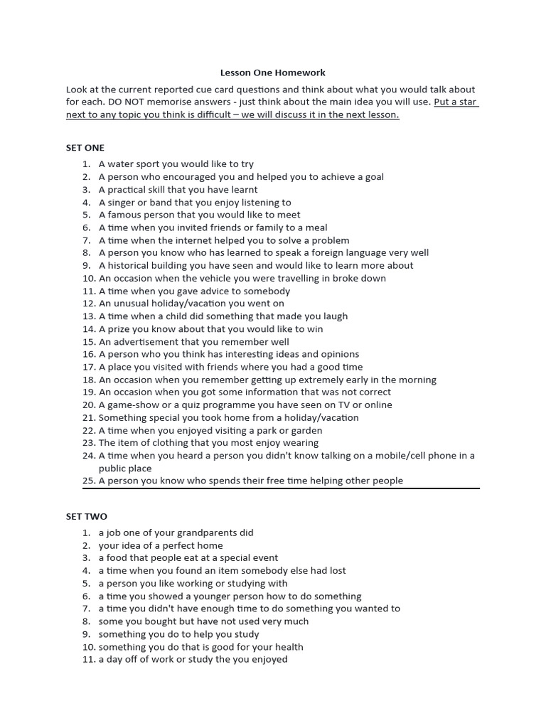 Speaking Part One - Homework | PDF