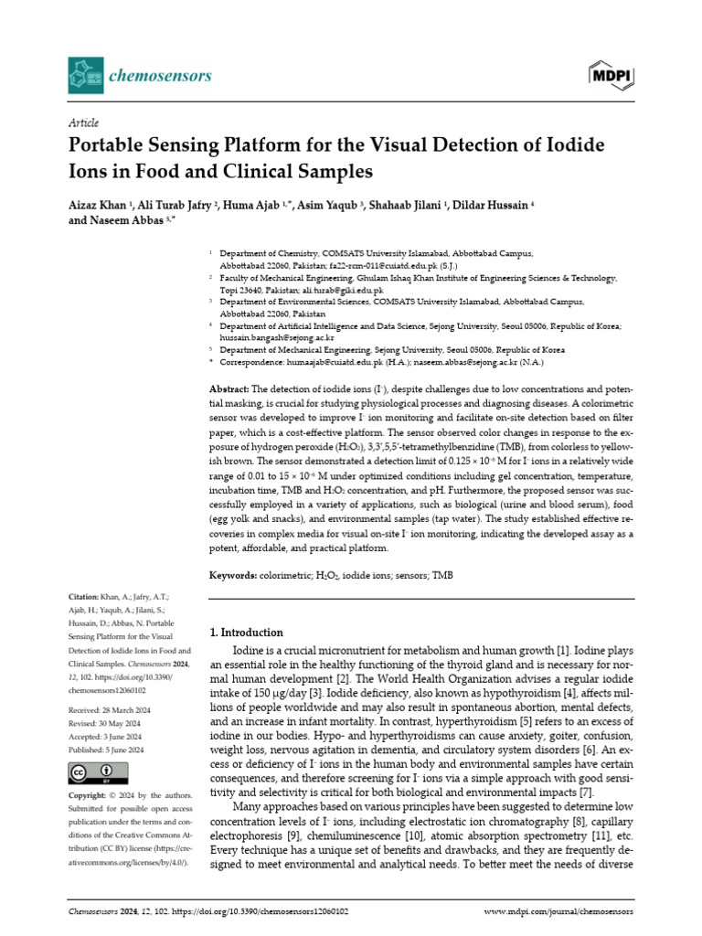 Portable Sensing Platform For The Visual Detection of Iodide Ions in ...