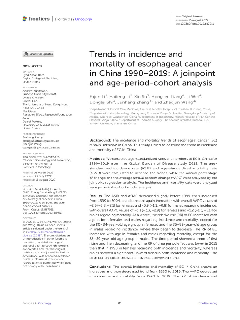 Esophageal Cancer Trends in China 1990-2019 | PDF | Cancer | Mortality Rate