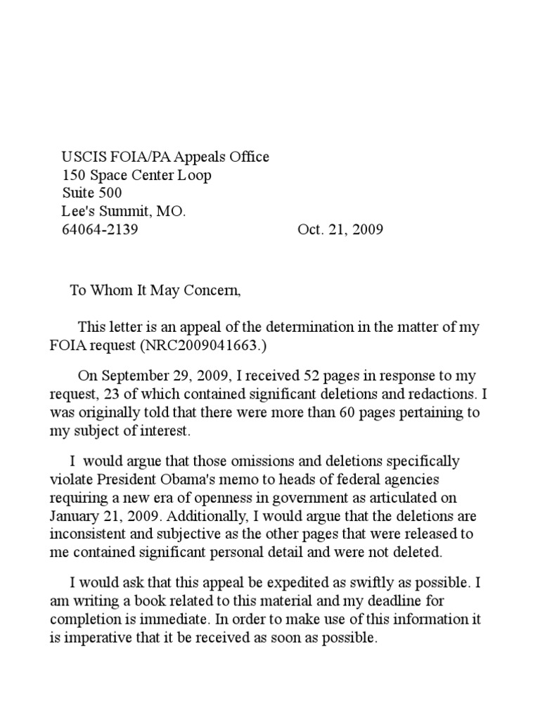 Sally Jacobs Obama SR USCIS File FOIA Appeal | PDF | Freedom Of ...