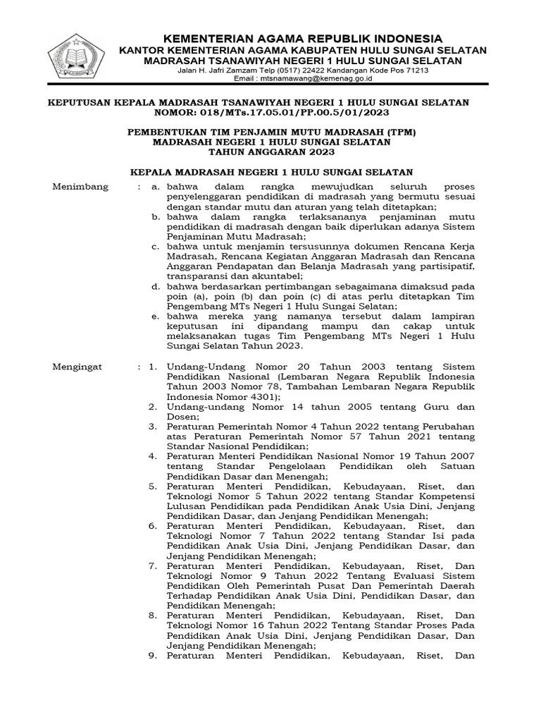 SK TIM TPM MTSN 1 HSS 2023 Draf | PDF