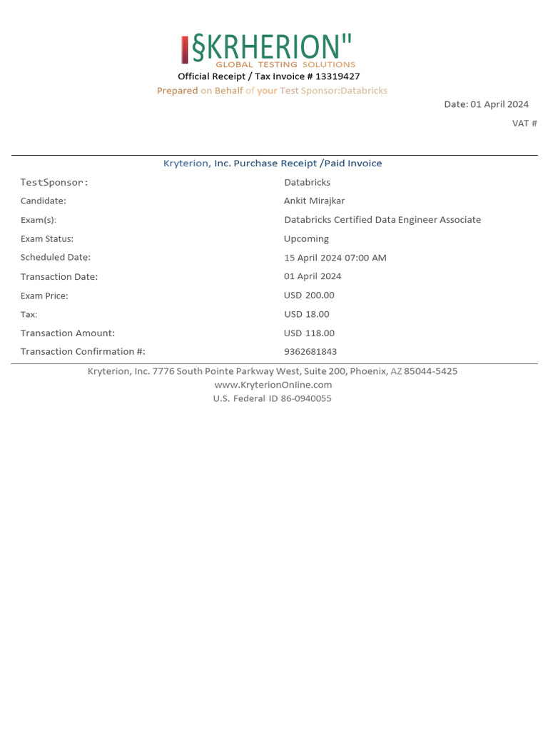 Kryterion Purchase Receipt | PDF