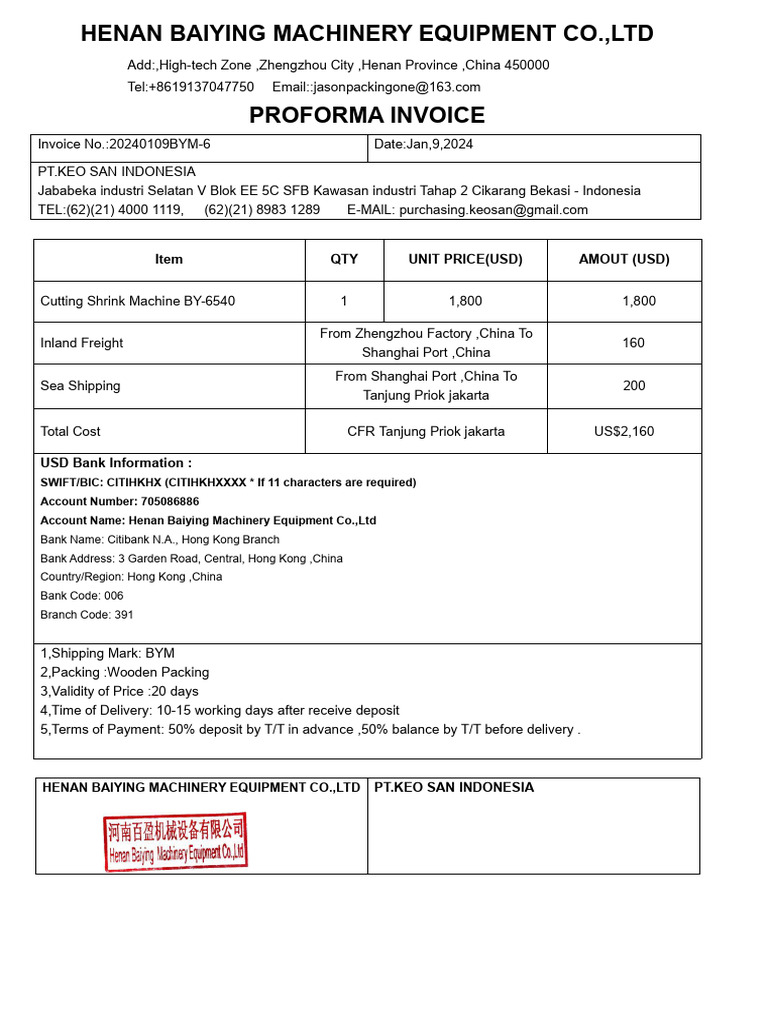 Proforma Invoice for Machinery Purchase | PDF | Technology & Engineering