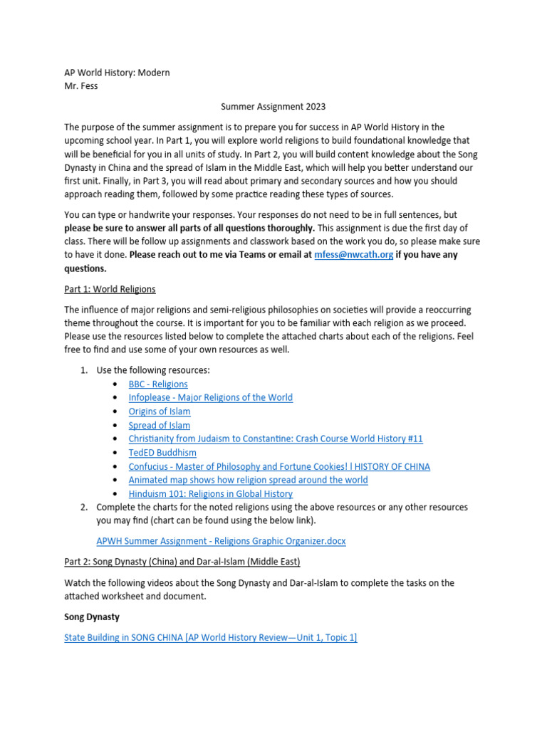 AP World History Summer Assignment - 2023 | PDF | Bias | Primary Sources